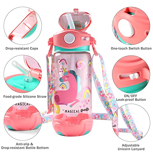 YOYTOO Kids Water Bottle with Straw/Lanyard for School Kids Girls Boys, 22oz BPA Free Child Drinking Water Bottle One-Click-Open Leak-Proof Locking Flip Lid for School Sport Travel (Unicorn)