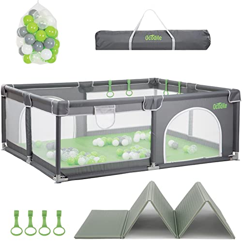 Ocodile Baby Playpen with Mat - Extra Large Play Yard with Mesh Sides for Your Toddler - 50 Balls and 4 Rings Gray