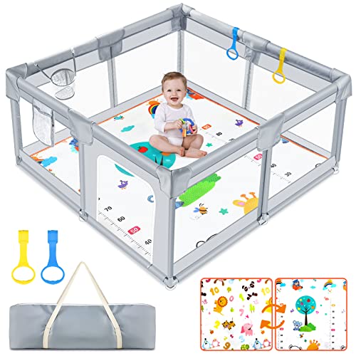 Baby Playpen with Mat, 47x47 inch Large Play Yard for Babies and Toddlers, BPA-Free, Non-Toxic, Sturdy Safety Playard Fence with Anti-Slip Base and Gate, Indoor & Outdoor Kids Activity Play Center