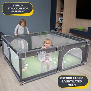 Ocodile Baby Playpen with Mat - Extra Large Play Yard with Mesh Sides for Your Toddler - 50 Balls and 4 Rings Gray