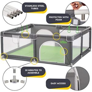 Ocodile Baby Playpen with Mat - Extra Large Play Yard with Mesh Sides for Your Toddler - 50 Balls and 4 Rings Gray