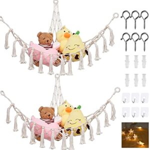 2 pack stuffed animal net or hammock with led light stuffed animal hammock boho plush stuffed animal holder hanging storage nets kids bedroom, 45" x 45" x 60", white