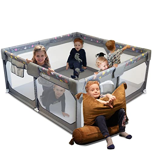 59" ×59"Playard with Gates,Indoor Baby playpen,Detachable and Assembled Children Fence, Babies Enclosure with Cute Pattern,Small Playground for Kids, Infant Care Playpin|Light Grey