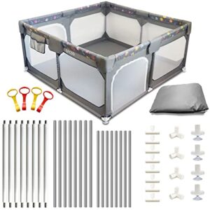 59" ×59"Playard with Gates,Indoor Baby playpen,Detachable and Assembled Children Fence, Babies Enclosure with Cute Pattern,Small Playground for Kids, Infant Care Playpin|Light Grey