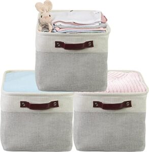 simple houseware 3 pack grey fabric storage bin with leather like handles