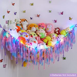 Beinou Stuffed Animals Net or Hammock with Butterfly Stuffed Animals Storage Holder with LED Light Toy Storage for Stuffed Animals for Girls Bedroom Decor