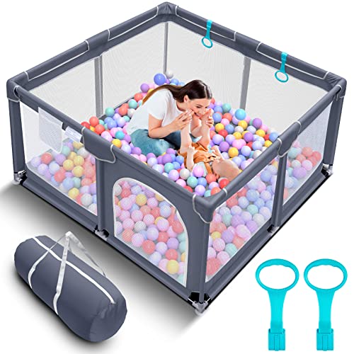 Tmsene Baby Playpen, Playard for Babies and Toddlers, Sturdy Safety Baby Fence with Breathable Mesh and Zipper Gates, Indoor & Outdoor Play Pens for Kids Activity Center (Grey)