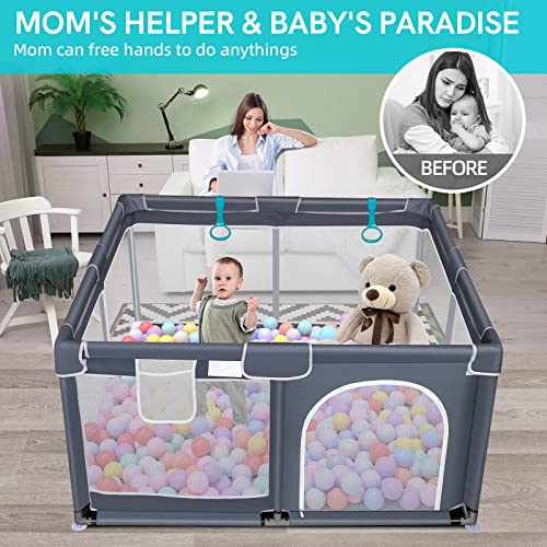 Tmsene Baby Playpen, Playard for Babies and Toddlers, Sturdy Safety Baby Fence with Breathable Mesh and Zipper Gates, Indoor & Outdoor Play Pens for Kids Activity Center (Grey)