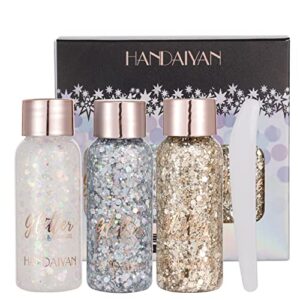 3 pack handaiyan holographic body glitter gel nail hair body face eye shadow mermaid sequins chunky glitter festival glitter makeup for body, face, hair makeup (set a)