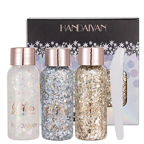 3 Pack HANDAIYAN Holographic Body Glitter Gel Nail Hair Body Face Eye Shadow Mermaid Sequins Chunky Glitter Festival Glitter Makeup for Body, Face, Hair Makeup (Set A)