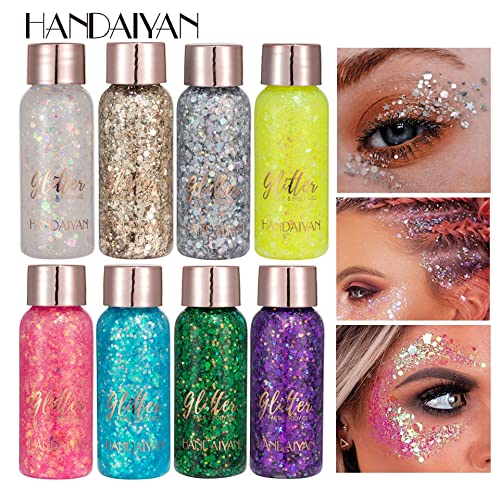 3 Pack HANDAIYAN Holographic Body Glitter Gel Nail Hair Body Face Eye Shadow Mermaid Sequins Chunky Glitter Festival Glitter Makeup for Body, Face, Hair Makeup (Set A)