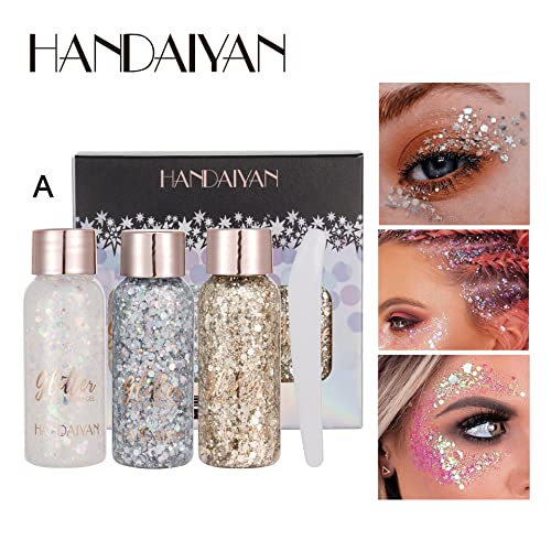 3 Pack HANDAIYAN Holographic Body Glitter Gel Nail Hair Body Face Eye Shadow Mermaid Sequins Chunky Glitter Festival Glitter Makeup for Body, Face, Hair Makeup (Set A)