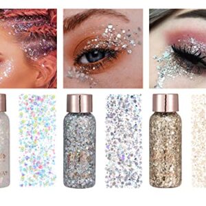 3 Pack HANDAIYAN Holographic Body Glitter Gel Nail Hair Body Face Eye Shadow Mermaid Sequins Chunky Glitter Festival Glitter Makeup for Body, Face, Hair Makeup (Set A)