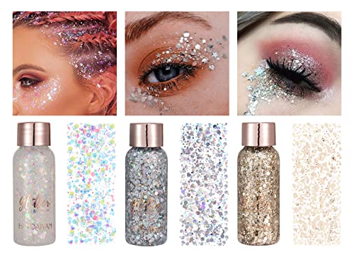 3 Pack HANDAIYAN Holographic Body Glitter Gel Nail Hair Body Face Eye Shadow Mermaid Sequins Chunky Glitter Festival Glitter Makeup for Body, Face, Hair Makeup (Set A)