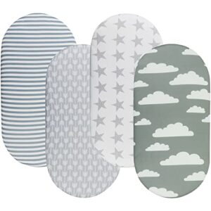 bassinet fitted sheets 4 pack for baby boy and girl, stretchy soft knitted sheet universal for hourglass oval and rectangle bassinet mattress, unisex stripe star cloud and arrow printing