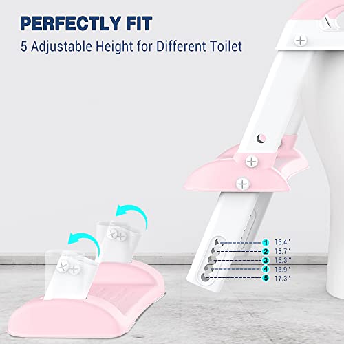 Potty Training Toddler Seat with Double Step Ladder, Babevy Potty Step Stool for Kids, Foldable Potty Toilet Seat with PU Cushion, 6-Leves Height and Wide Anti-Slip Pad for Baby Boys Girls, Pink