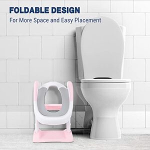 Potty Training Toddler Seat with Double Step Ladder, Babevy Potty Step Stool for Kids, Foldable Potty Toilet Seat with PU Cushion, 6-Leves Height and Wide Anti-Slip Pad for Baby Boys Girls, Pink