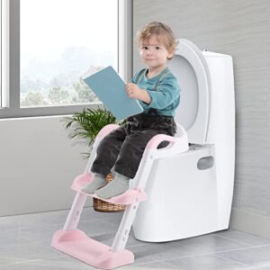 Potty Training Toddler Seat with Double Step Ladder, Babevy Potty Step Stool for Kids, Foldable Potty Toilet Seat with PU Cushion, 6-Leves Height and Wide Anti-Slip Pad for Baby Boys Girls, Pink