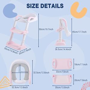 Potty Training Toddler Seat with Double Step Ladder, Babevy Potty Step Stool for Kids, Foldable Potty Toilet Seat with PU Cushion, 6-Leves Height and Wide Anti-Slip Pad for Baby Boys Girls, Pink