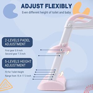 Potty Training Toddler Seat with Double Step Ladder, Babevy Potty Step Stool for Kids, Foldable Potty Toilet Seat with PU Cushion, 6-Leves Height and Wide Anti-Slip Pad for Baby Boys Girls, Pink