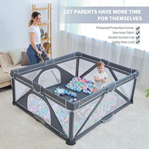 Foldable Baby Playpen, Yobear Large Playpen for Babies and Toddlers with 50 PCS Ocean Balls & 2 Handles, Indoor & Outdoor Kids Safety Play Pen Area, Portable Travel Play Yard (50"×50")