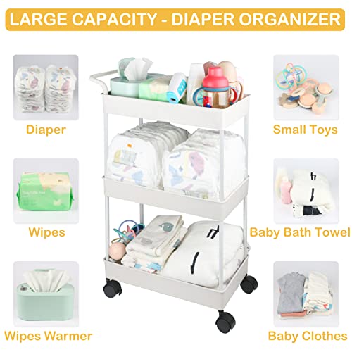 Volnamal Baby Diaper Caddy, Plastic Movable Diaper Cart Newborn Nursery Essentials Baby Diapers Organizer for Changing Table & Crib, Easy to Assemble, Beige