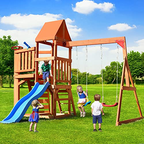 MengK Wooden Swing Set with Slide, Climbing Wall, Sandbox and Wood Roof, Outdoor Playhouse Backyard Activity Playground Playset for Toddlers