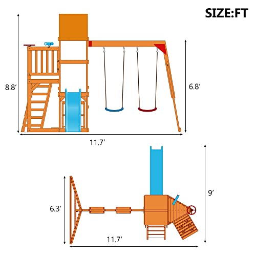 MengK Wooden Swing Set with Slide, Climbing Wall, Sandbox and Wood Roof, Outdoor Playhouse Backyard Activity Playground Playset for Toddlers