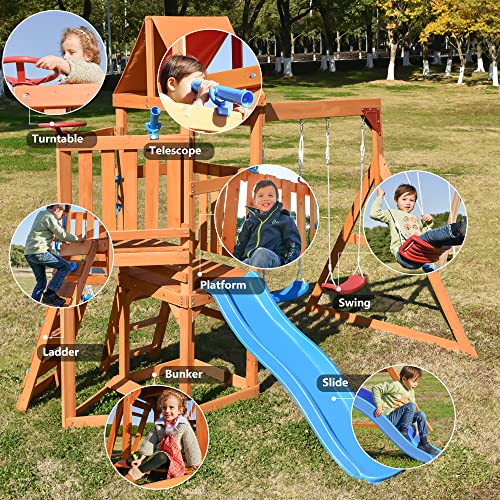 MengK Wooden Swing Set with Slide, Climbing Wall, Sandbox and Wood Roof, Outdoor Playhouse Backyard Activity Playground Playset for Toddlers