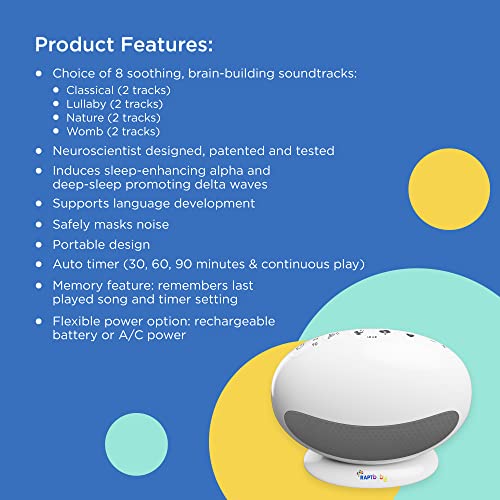 RAPTbaby™ Smarter Sleep Sound Machine: Neuroscientist-Developed to Support Baby’s Language Development & Sleep with Soothing & Brain-Building Soundtracks in 4 Genres: Classical, Lullaby, Nature, Womb