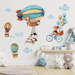 mfault baby hot air balloon animals wall decals stickers, penguin giraffe fox bike nursery decorations boy girl bedroom playroom art, neutral toddlers kids room decor gifts