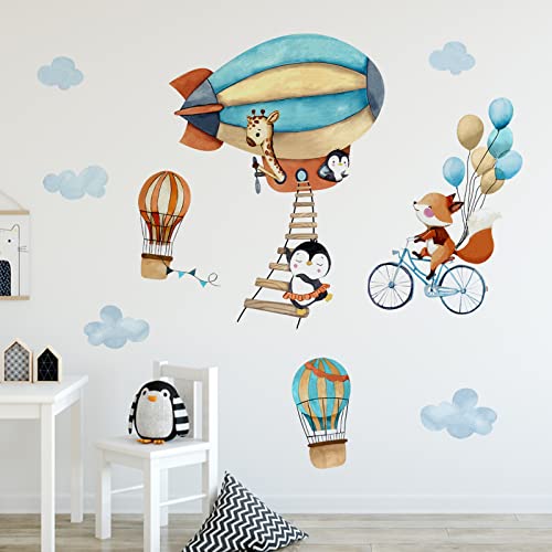 Mfault Baby Hot Air Balloon Animals Wall Decals Stickers, Penguin Giraffe Fox Bike Nursery Decorations Boy Girl Bedroom Playroom Art, Neutral Toddlers Kids Room Decor Gifts