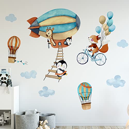 Mfault Baby Hot Air Balloon Animals Wall Decals Stickers, Penguin Giraffe Fox Bike Nursery Decorations Boy Girl Bedroom Playroom Art, Neutral Toddlers Kids Room Decor Gifts