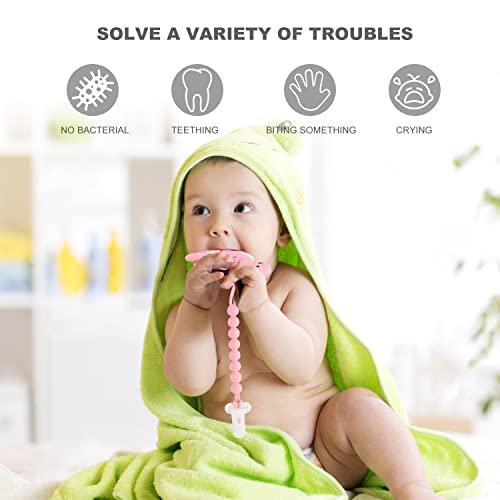 Baby Teething Toys for Babies 3-6 6-12 Months, Dinosaur Teether Pain Relief Toy with One Piece Design Pacifier Clip Holder Set, Freezer Safe Neutral Shower Gift for Boys and Girls (Pink)