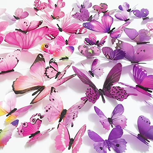 Ewong Butterfly Wall Decals 48PCS 3D Butterflies Decor Removable Mural Sticker Wall Art Home Decoration Kid Girl Bedroom Bathroom Baby Room Nursery Classroom Office Party (Pink Purple)