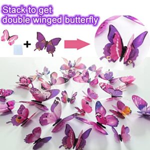 Ewong Butterfly Wall Decals 48PCS 3D Butterflies Decor Removable Mural Sticker Wall Art Home Decoration Kid Girl Bedroom Bathroom Baby Room Nursery Classroom Office Party (Pink Purple)