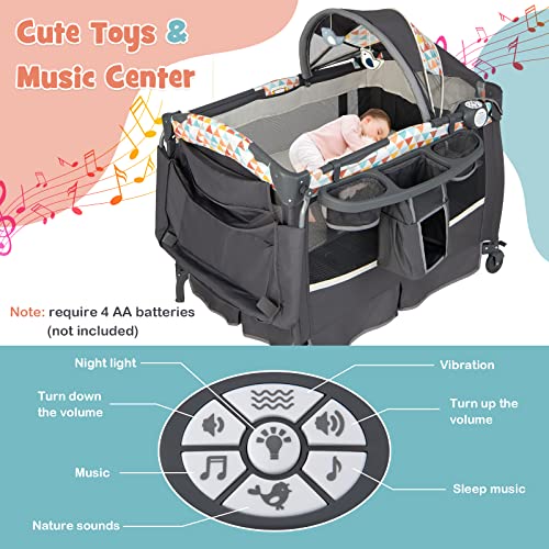 HONEY JOY Pack and Play with Bassinet, 4-in-1 Portable Baby Playard with Changing Table, Hanging Toys, Diaper Storage Bag, Music Box, Wheels with Brake, Foldable Newborn Play Yard w/Carry Bag (Yellow)