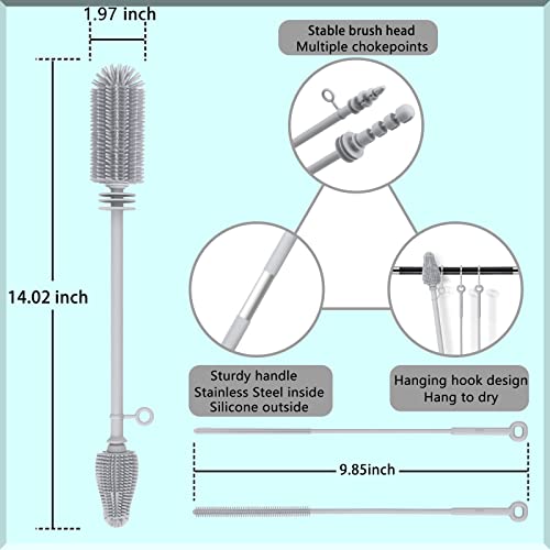 Silicone Baby Bottle Brush and Straw Cleaner Brush Set,Silicone Fully Encased Dish Brush,Versatile Deep Cleaning Long Water Bottle Brushes,Heat Resistant Sturdy Kitchen Brush,Hangable Cup Brush