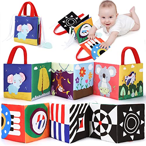 Baby Books 0-6 Months, Newborn Toys, High Contrast Baby Toys with Mirror and Teether, Baby toys 3-6-12 Months, Infant Toys 0-3 Months, Tummy Time Toy, Soft Sensory Touch Feel Book Crib Toy Shower Gift