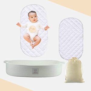 baby changing basket with thick mattress waterproof & portable. 100% cotton rope baby basket, gift & diaper organizer for newborns, nursery decor changing table topper for dresser.