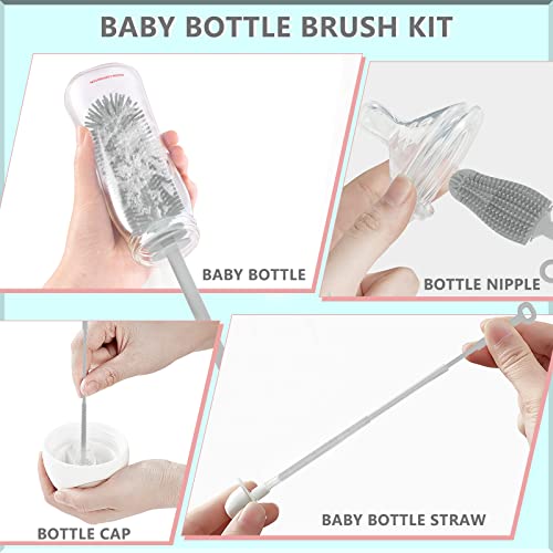 Silicone Baby Bottle Brush and Straw Cleaner Brush Set,Silicone Fully Encased Dish Brush,Versatile Deep Cleaning Long Water Bottle Brushes,Heat Resistant Sturdy Kitchen Brush,Hangable Cup Brush