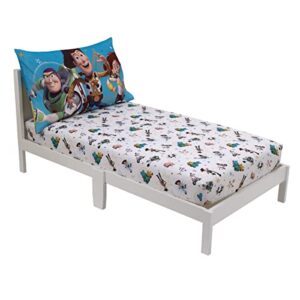 Disney Toy Story It's Play Time Blue, Green, and White, Woody and Buzz 2 Piece Toddler Sheet Set - Fitted Bottom Sheet and Reversible Pillowcase