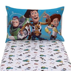 Disney Toy Story It's Play Time Blue, Green, and White, Woody and Buzz 2 Piece Toddler Sheet Set - Fitted Bottom Sheet and Reversible Pillowcase