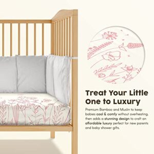 Carlsbad Linen Company Breathable Muslin and Silky Soft Bamboo Fitted Crib Sheet Ultimate Quality for Baby Boy or Girl Toddler (52"x28"x7") Cream and Pink Grass Flower Silhouette