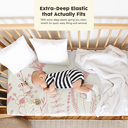 Carlsbad Linen Company Breathable Muslin and Silky Soft Bamboo Fitted Crib Sheet Ultimate Quality for Baby Boy or Girl Toddler (52"x28"x7") Cream and Pink Grass Flower Silhouette