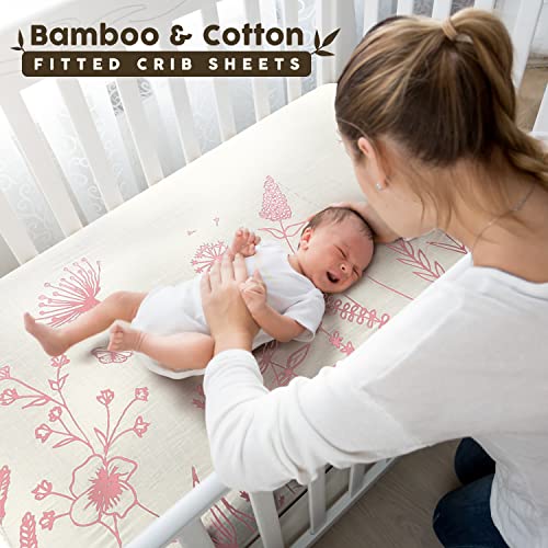 Carlsbad Linen Company Breathable Muslin and Silky Soft Bamboo Fitted Crib Sheet Ultimate Quality for Baby Boy or Girl Toddler (52"x28"x7") Cream and Pink Grass Flower Silhouette