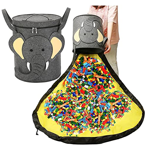 Foldable Toy Storage Basket with Play Mat, Children Toy Organizer with Anti Dust Lid, Portable Cartoon Drawstring Toy Storage Bucket, Quick Cleanup Container for Store Children's Toys (Elephant)