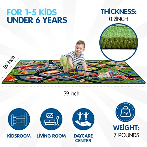 Car Mat for Kids Toy Cars 59X79 Inch Kids Rug,Car Rug Play Mat for Kids,Play Rug for Kids Playroom Bedroom,Road Traffic Kids Play Area Rug Non-Slip Backing, Kids Carpet Playmat Toddler Boys,Children