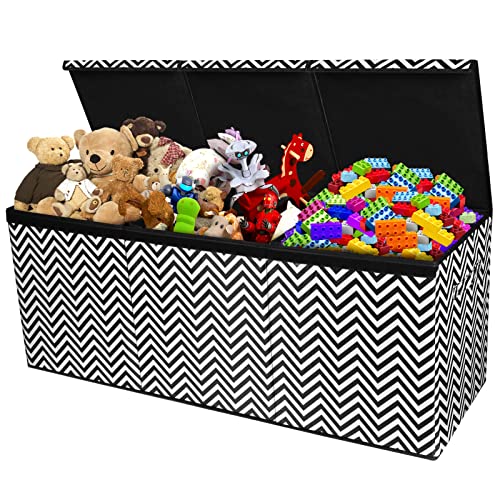 Large Toy Chest with Dustproof Lid- 39.4" × 14.4”× 15.7" Non-woven Fabric Kids Toy Box, Collapsible Toy Storage Bins with 2 Dividers & Handles for Boys Girls Playroom Nursery Room Bedroom Closet