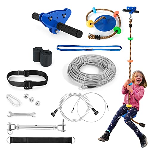 JOYLDIAS 100FT Zipline Kits for Backyard with Climbing Swing Rope and Seat, Zip Lines for Kids and Adults with Spring Brake, Safety Belt Zip Line for Kids Outdoor Playground Games